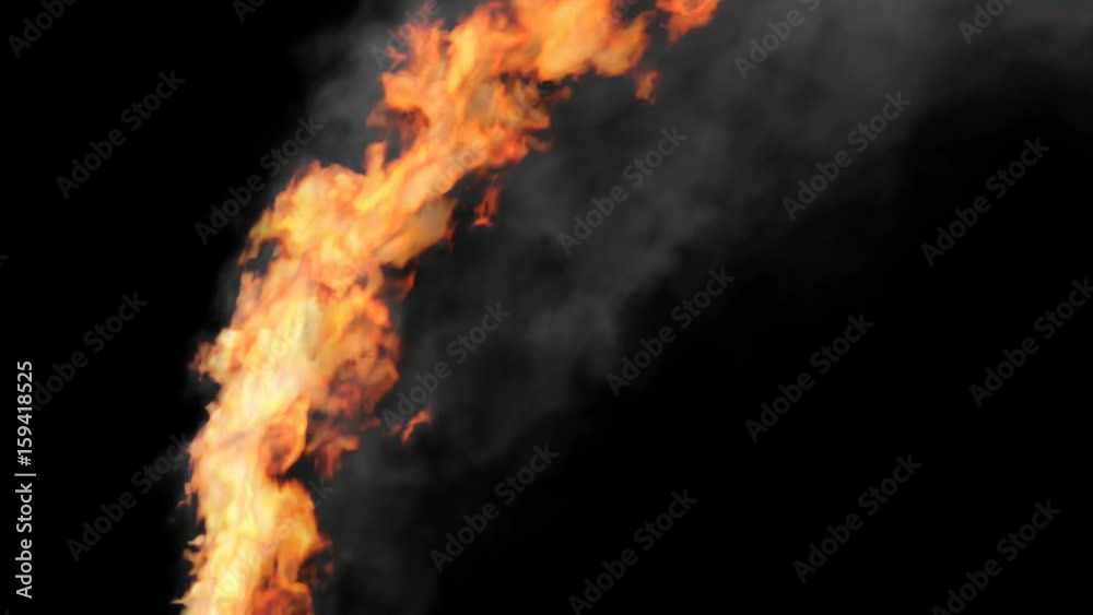 Animated rising stream of realistic fire against black background ...