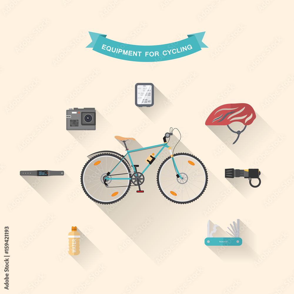 Vector set of flat icons of equipment for cycling with flashlight ...