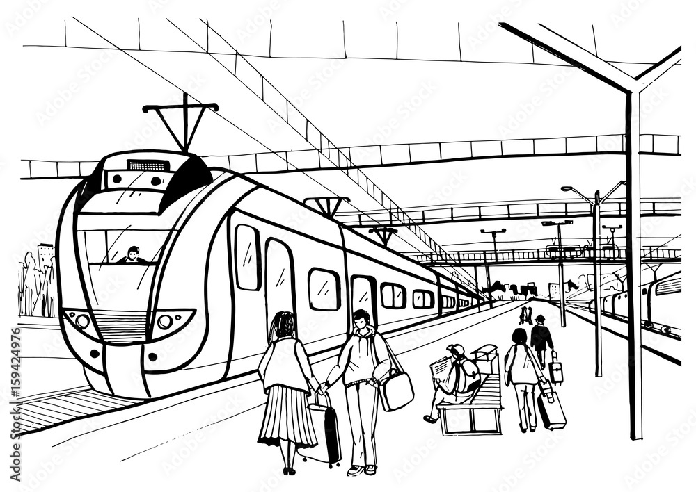 Monochrome horizontal sketch with people, passengers waiting arrival ...