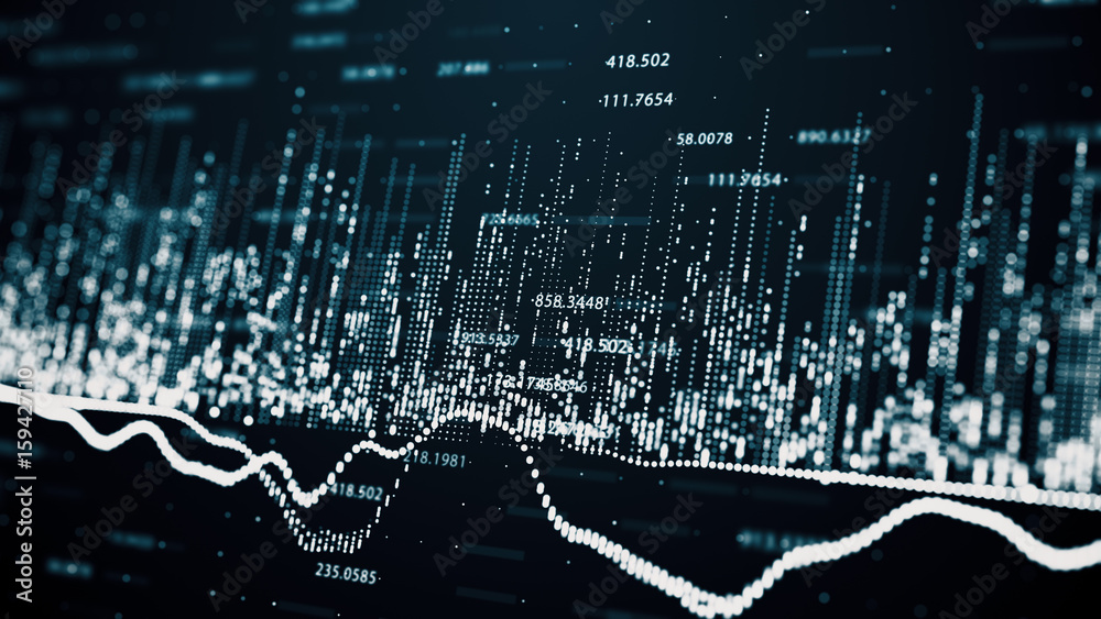 Abstract background with growing charts and flowing counters of numbers ...