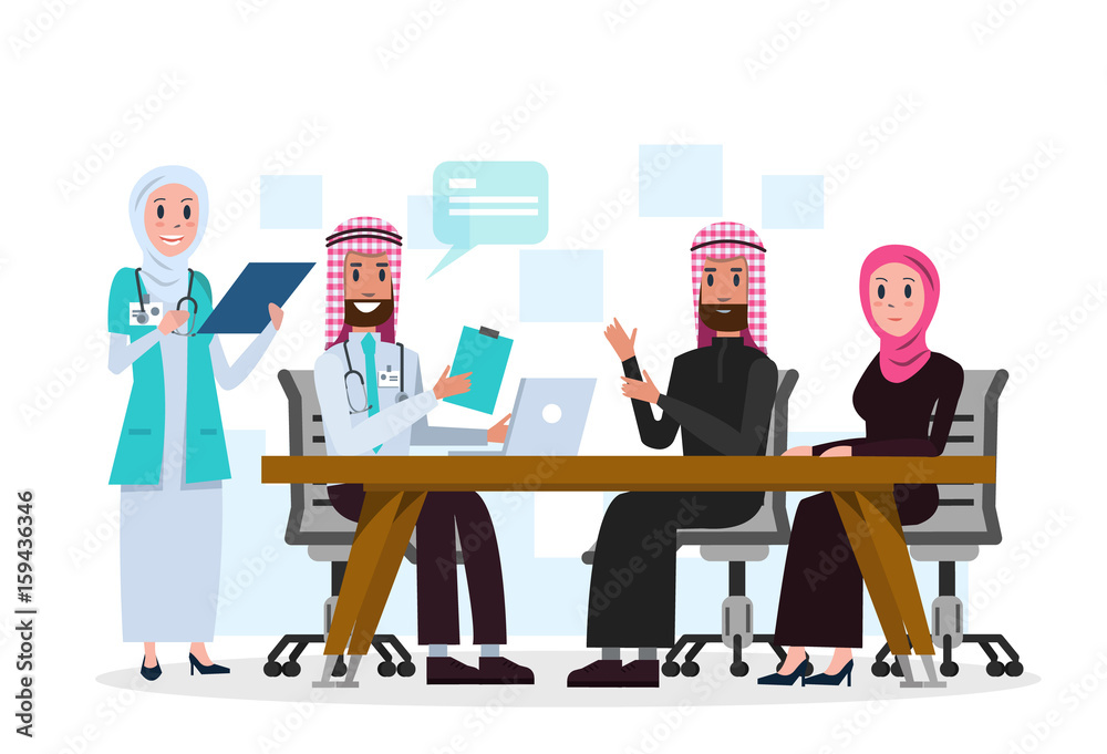 Arab doctor talking with patient in the hospital. flat character design ...