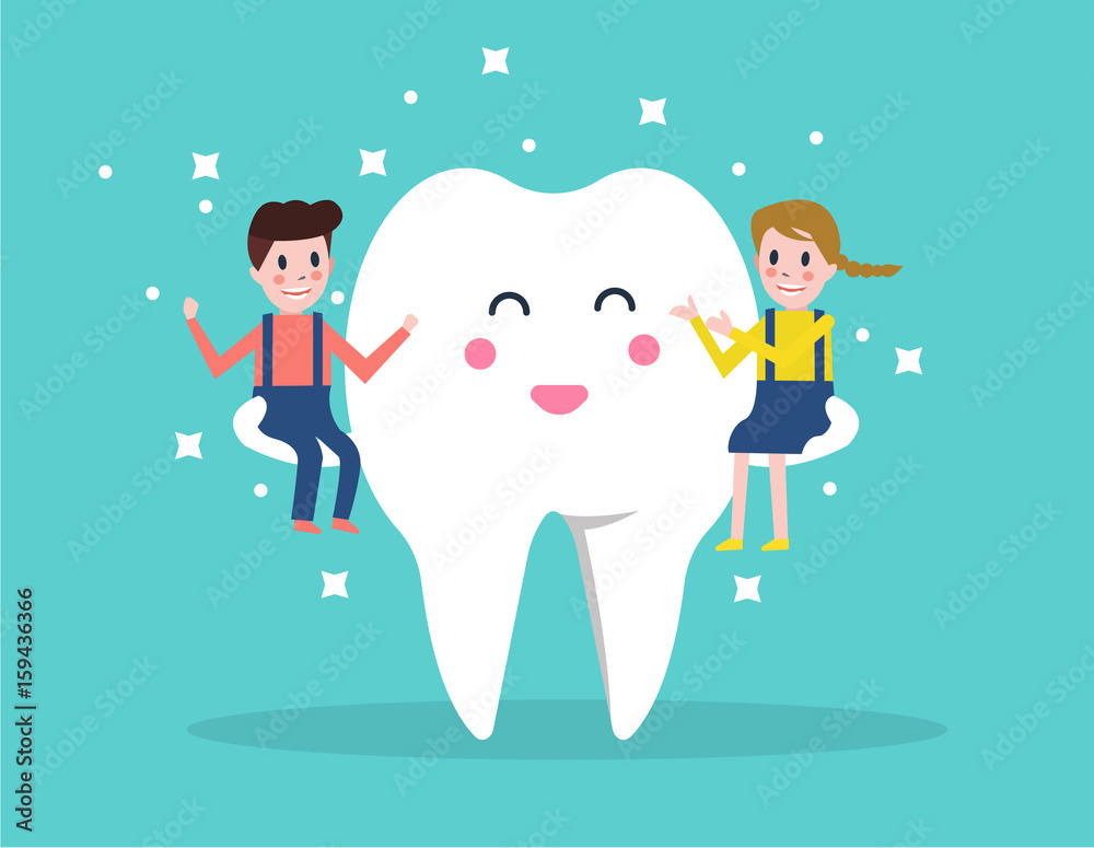 Happy tooth with kids. flat character design. vector illustration Stock ...