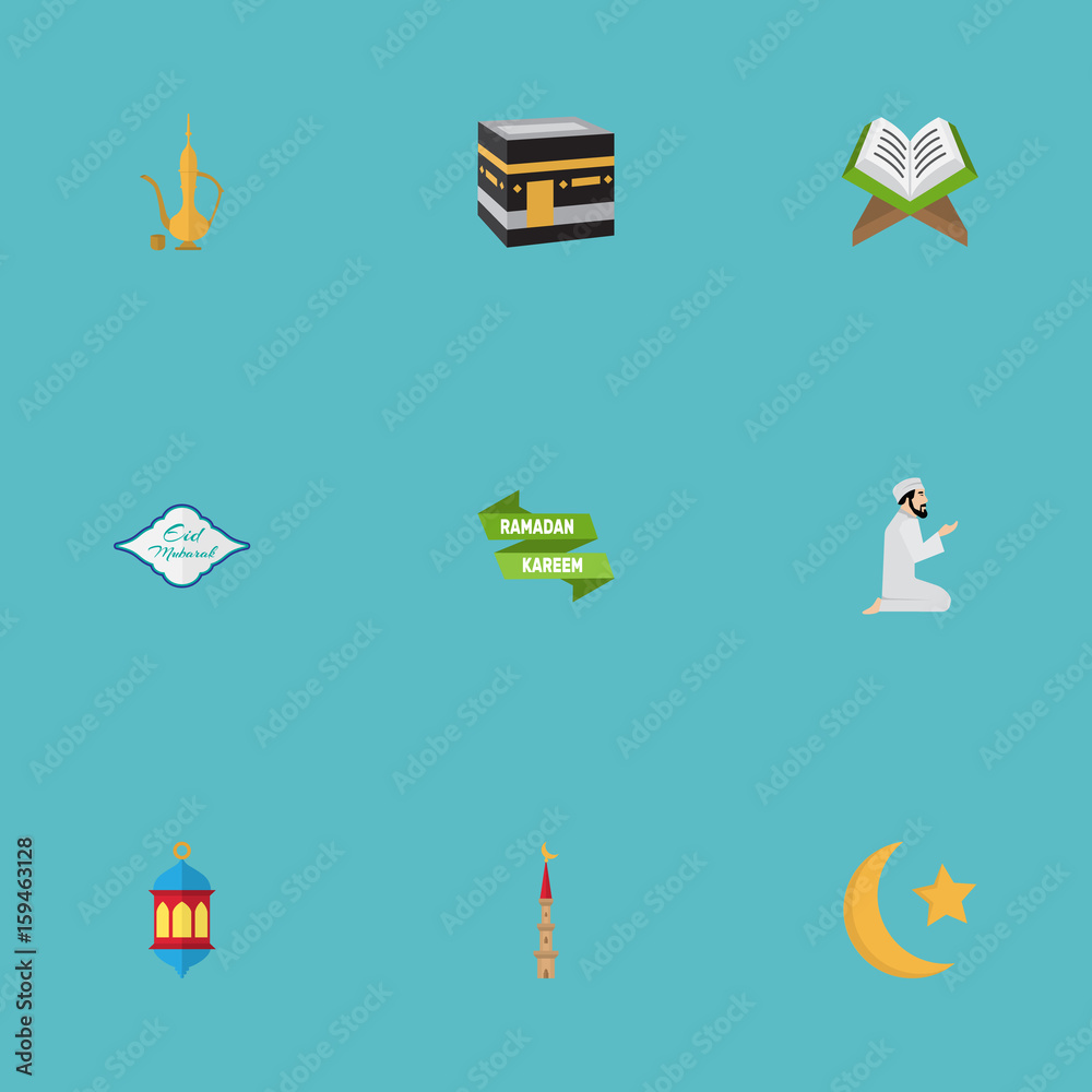 Flat Icons Arabic Calligraphy, Holy Book, Praying Man And Other Vector ...