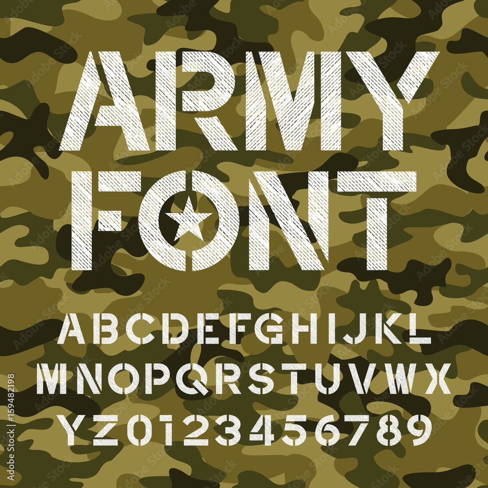 Army alphabet font. Distressed type letters and numbers on a seamless ...
