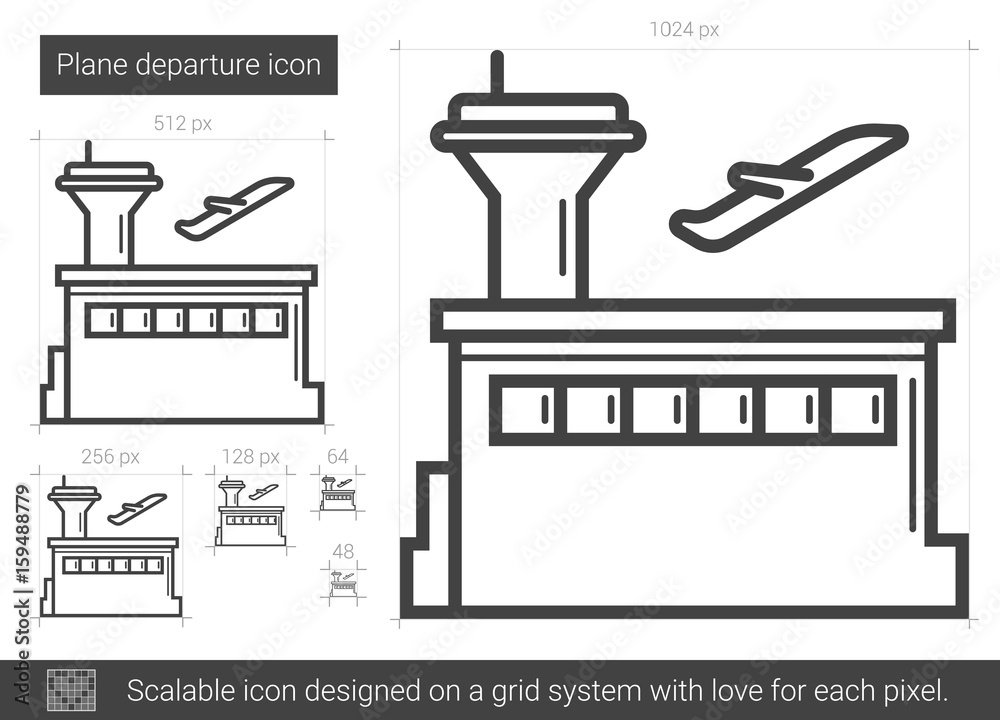 Plane departure vector line icon isolated on white background. Plane ...