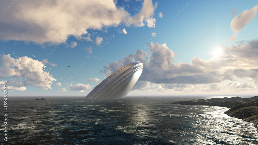 3d UFO crash into a sea Stock Illustration | Adobe Stock
