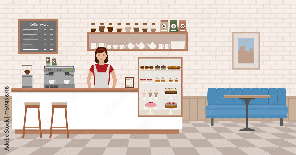 Coffee shop interior. Young woman standing behind bar counter. Flat ...