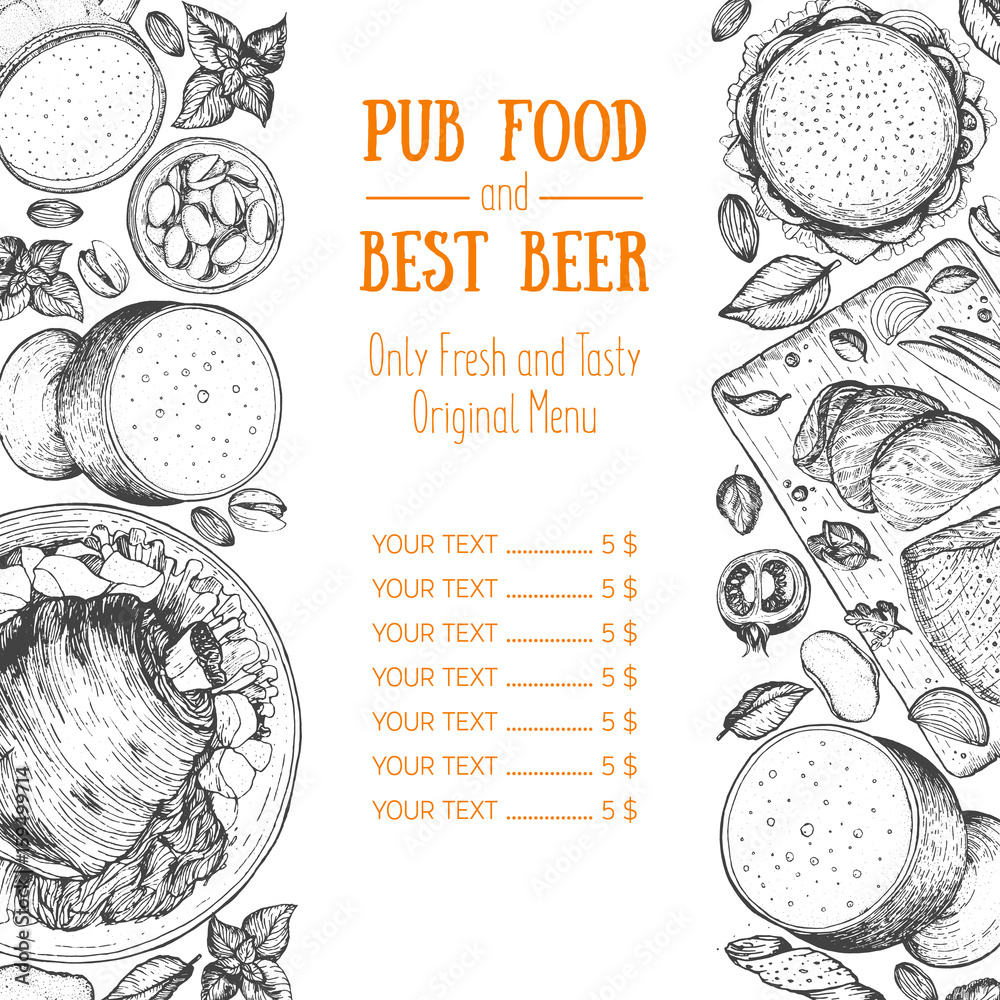 Vecteur Stock Pub food menu vector illustration. Beer, smoked pork ...