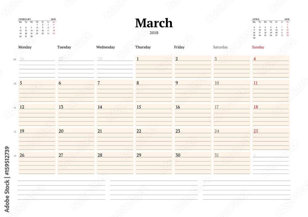 Vector Calendar Planner Template for 2018 Year. March. Stationery ...