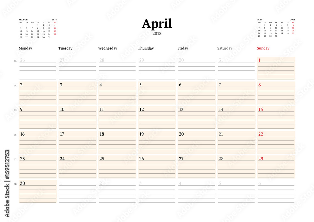 Vector Calendar Planner Template for 2018 Year. April. Stationery ...