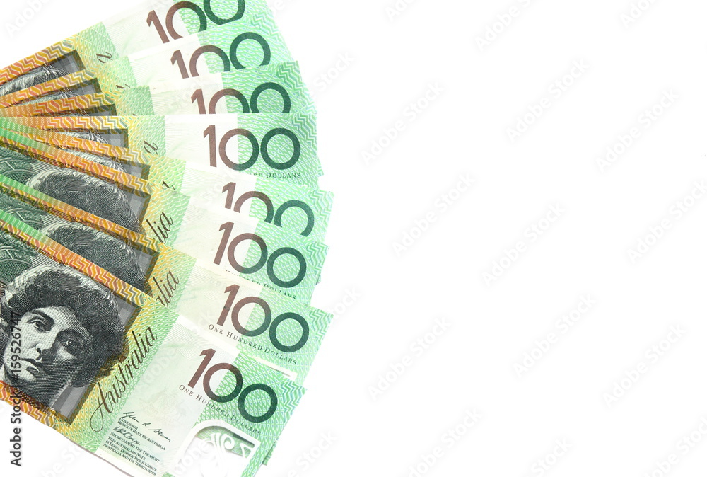 group of 100 dollar Australian notes on white background have copy ...