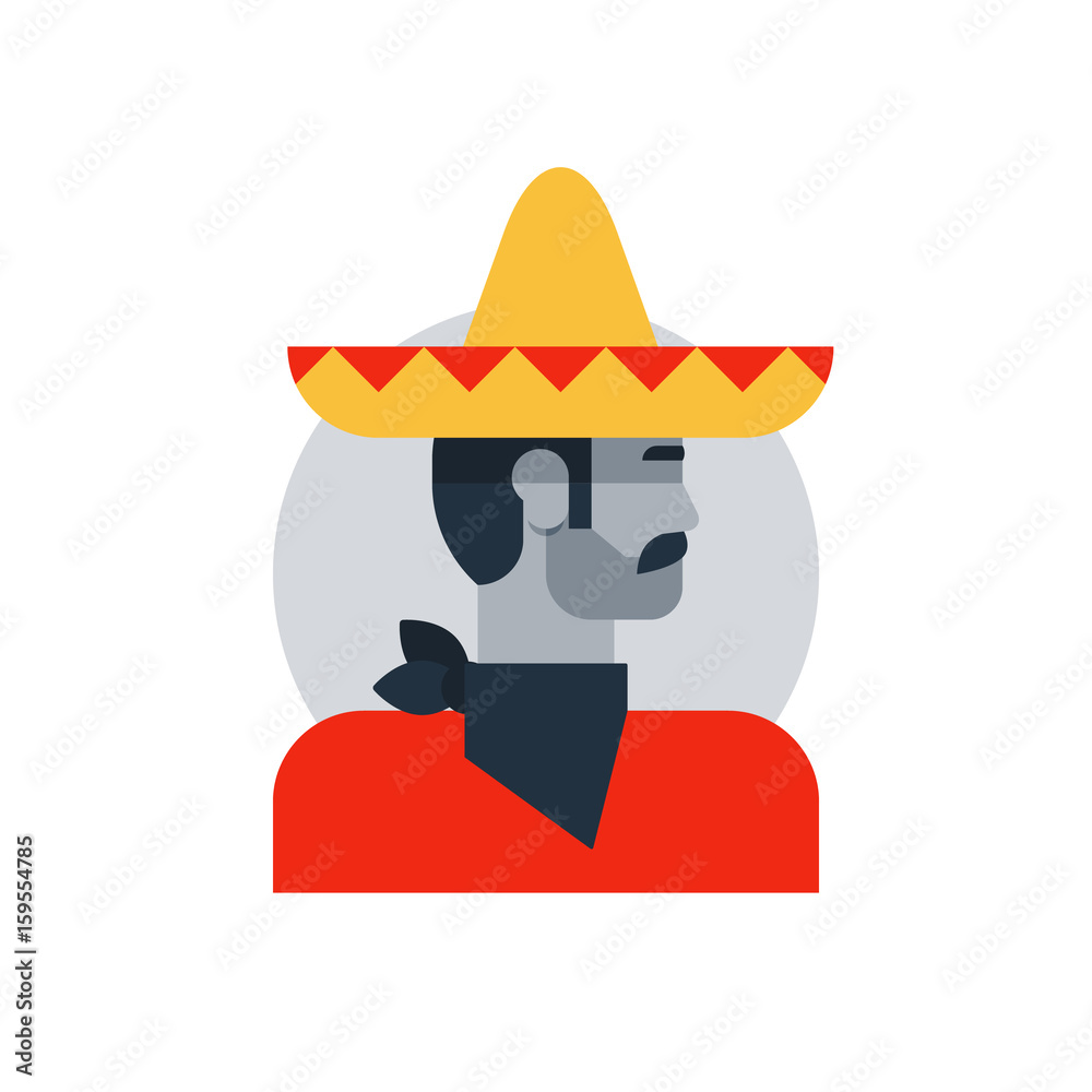 Mexican man in sombrero and poncho, side view turned head, brutal hero ...
