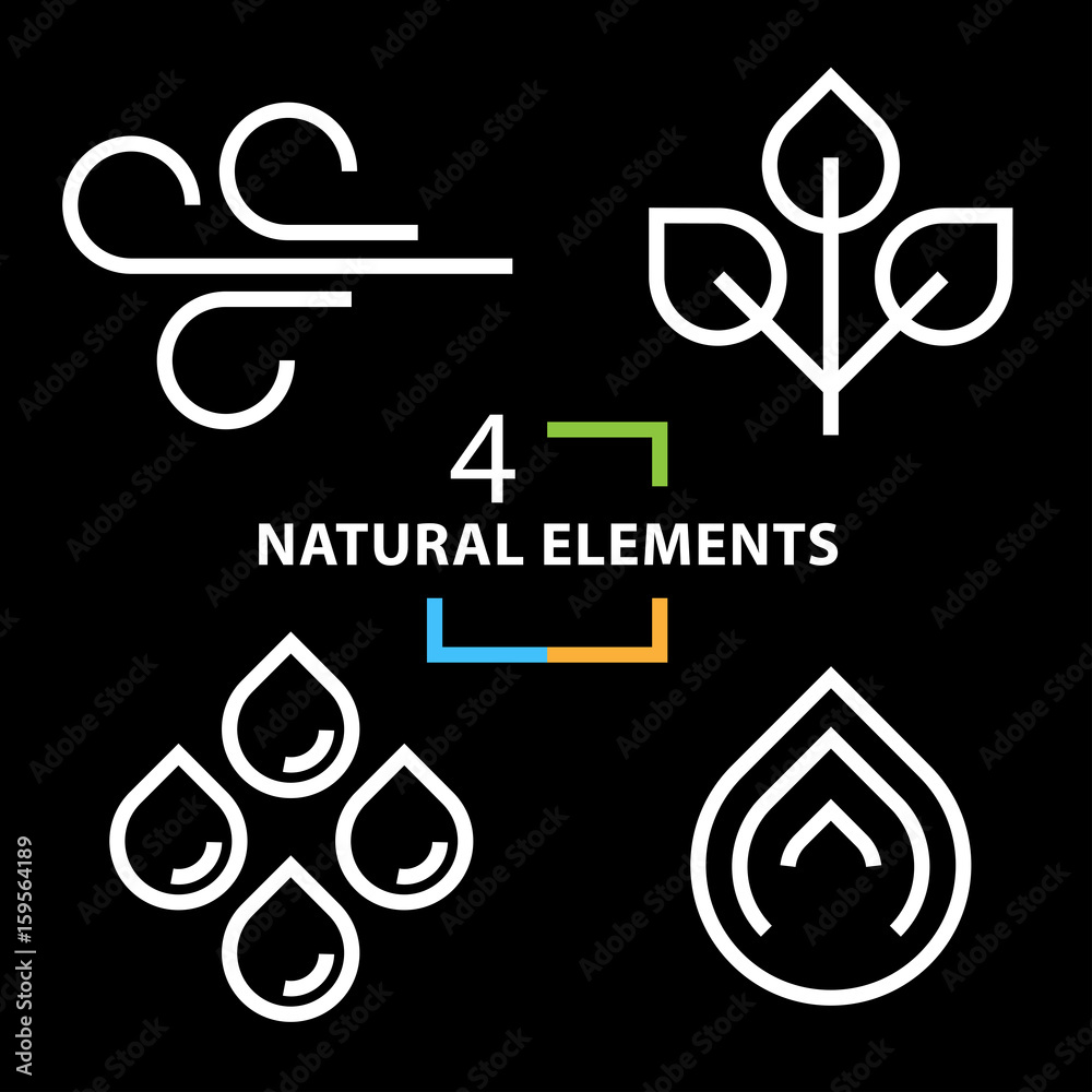 The four natural elements icons set on black background - Earth, Water ...