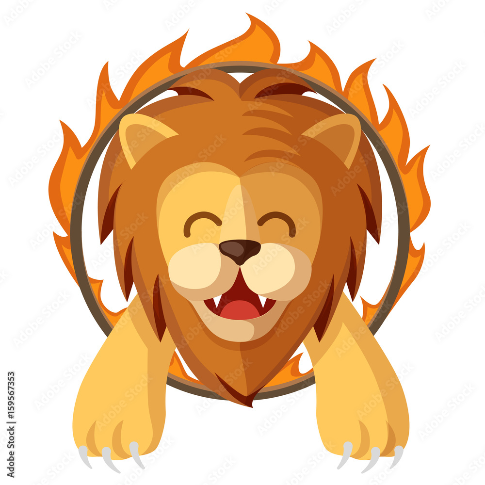Colorful cartoon trained lion jumping through the fire ring. Circus ...