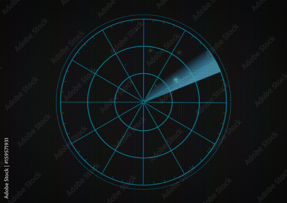 Blue radar on dark screen with glitch old tv effect. Stock Illustration ...