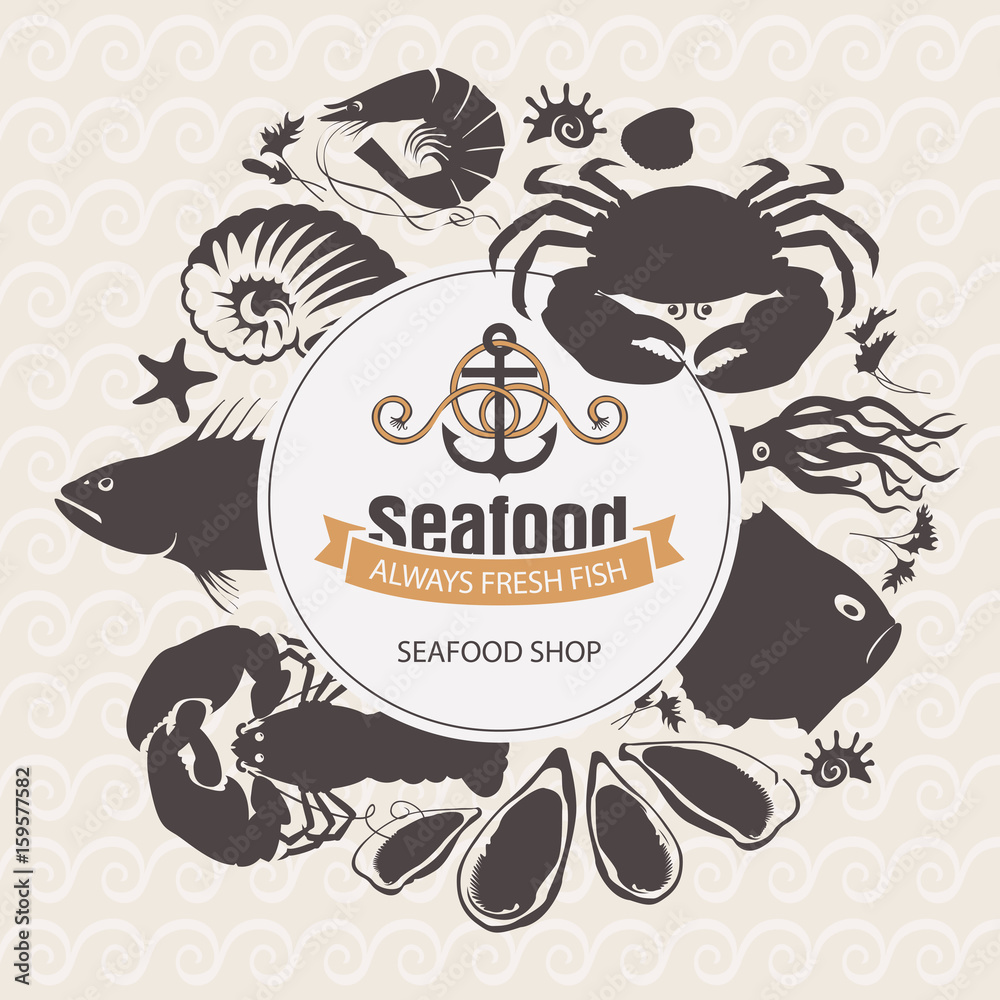 Vector banner for seafood shop with the words always fresh fish and a ...