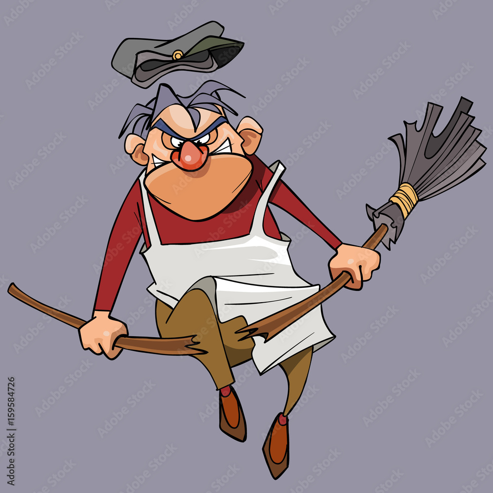 cartoon evil male janitor breaks the broom on his knee Stock Vector ...