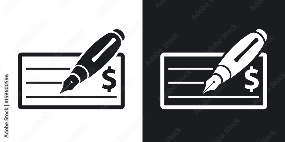 Vector bank check icon with fountain pen. Two-tone version on black and ...
