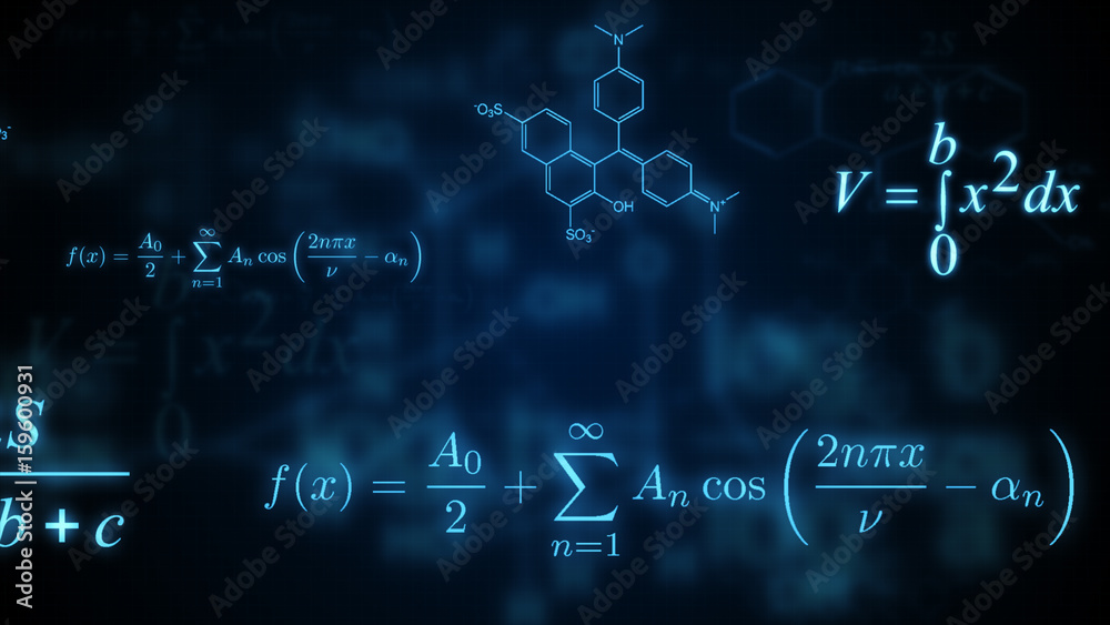 Glowing mathematical, physical and chemical formulas. Illustration ...