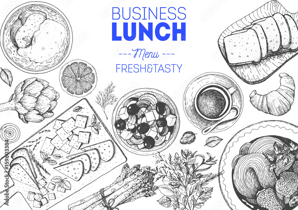 Business lunch top view frame. Food menu design. Vintage hand drawn ...