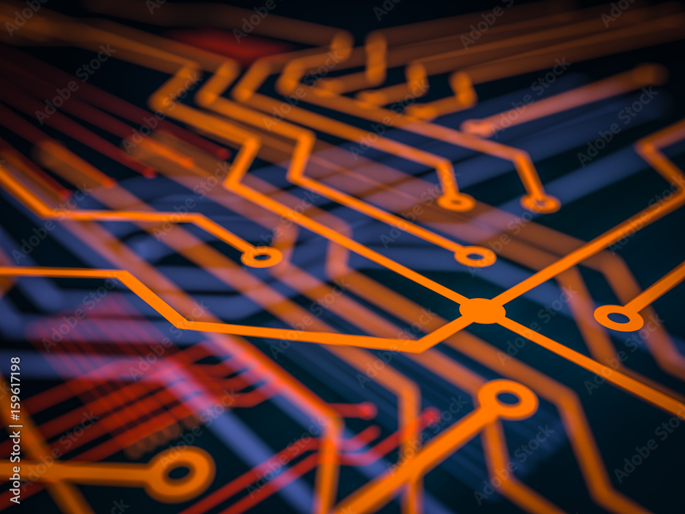 Circuit board futuristic server code processing. Orange, green, blue ...