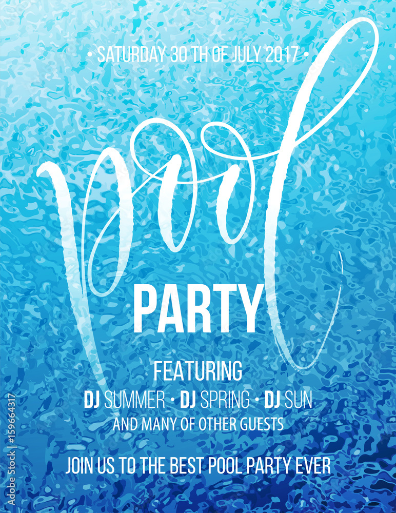 Pool party poster with blue water ripple and handwriting text. Vector ...