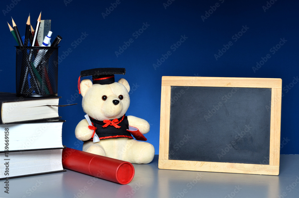 Study desk decoration with black board, books, black board and other ...