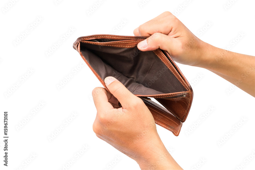 Man hand open an empty wallet isolated on white background with ...