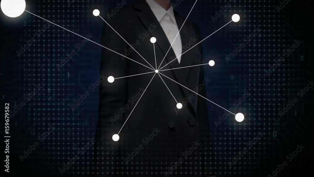 Businesswoman touching screen, Dots connecting line, dots makes global ...