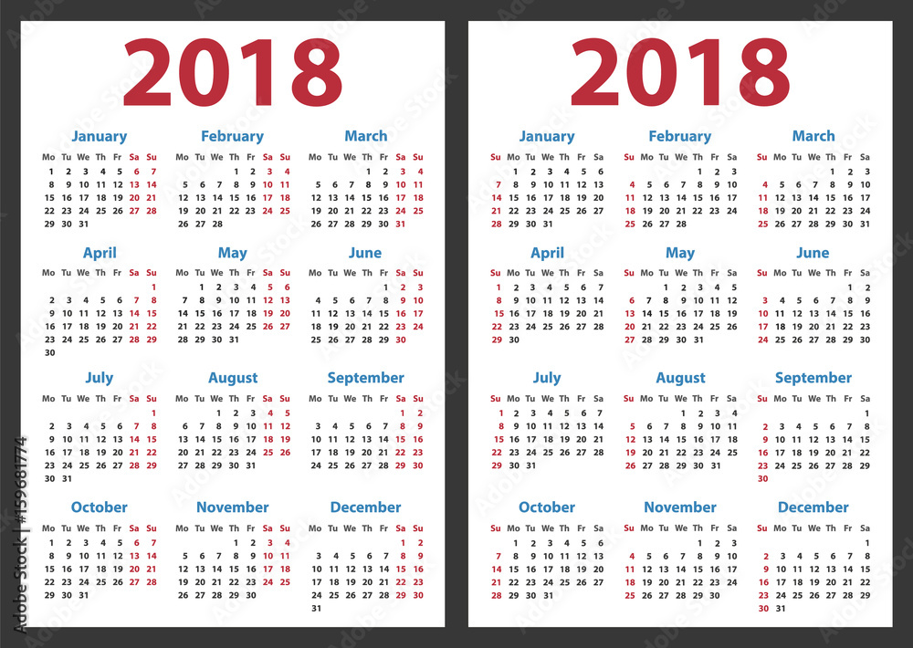 2018 year calendar, calendar design 2018 starts monday and sunday Stock ...