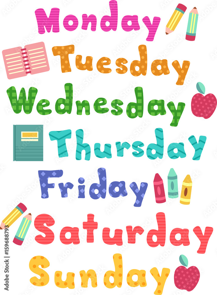 Weekdays School Labels Lettering Stock Vector | Adobe Stock