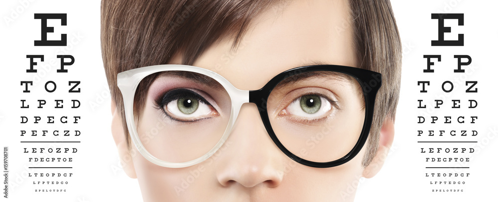 eyes and eyeglasses close up on visual test chart, eyesight and eye ...