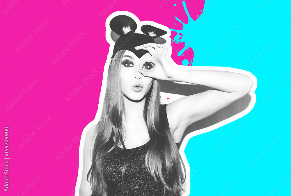 Funny girl represents a small cat or mouse. Woman with a bright makeup ...