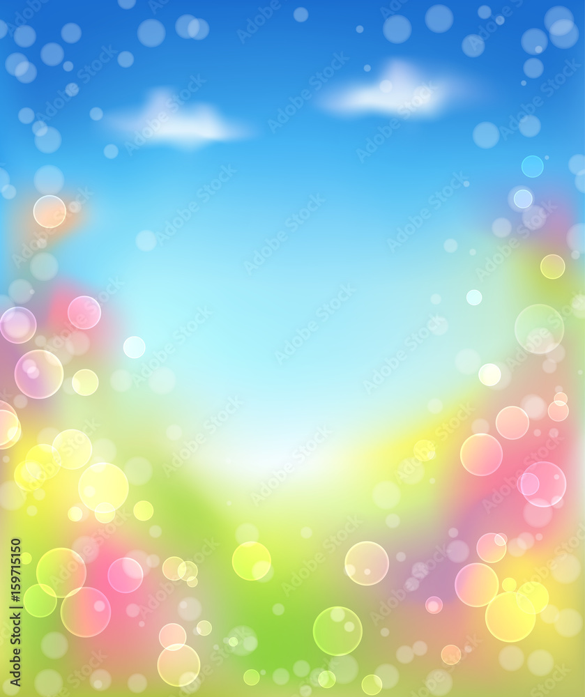 abstract background with blurry field of flowers, field,, sky with ...