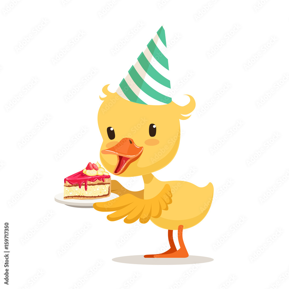 Little cartoon duckling in a party hat holding sweet cake, cute emoji ...