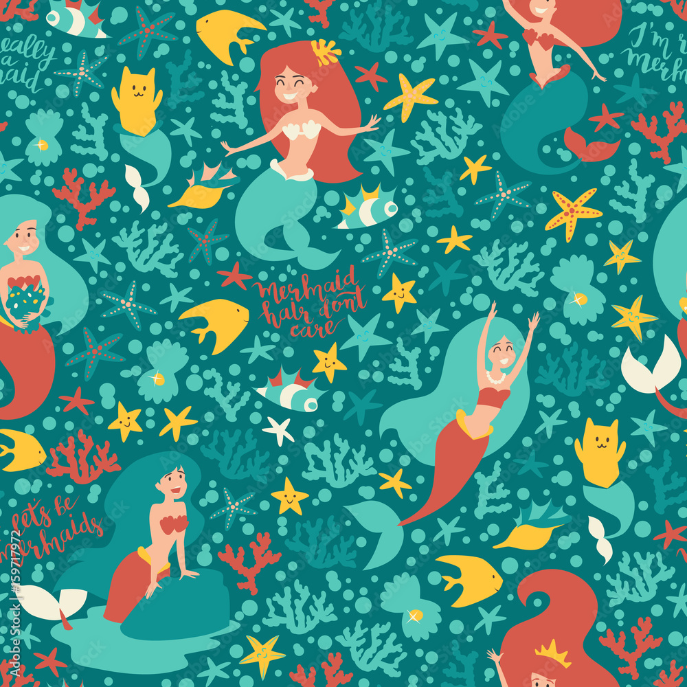 Mermaids characters vector seamless pattern. Cartoon little mermaid ...