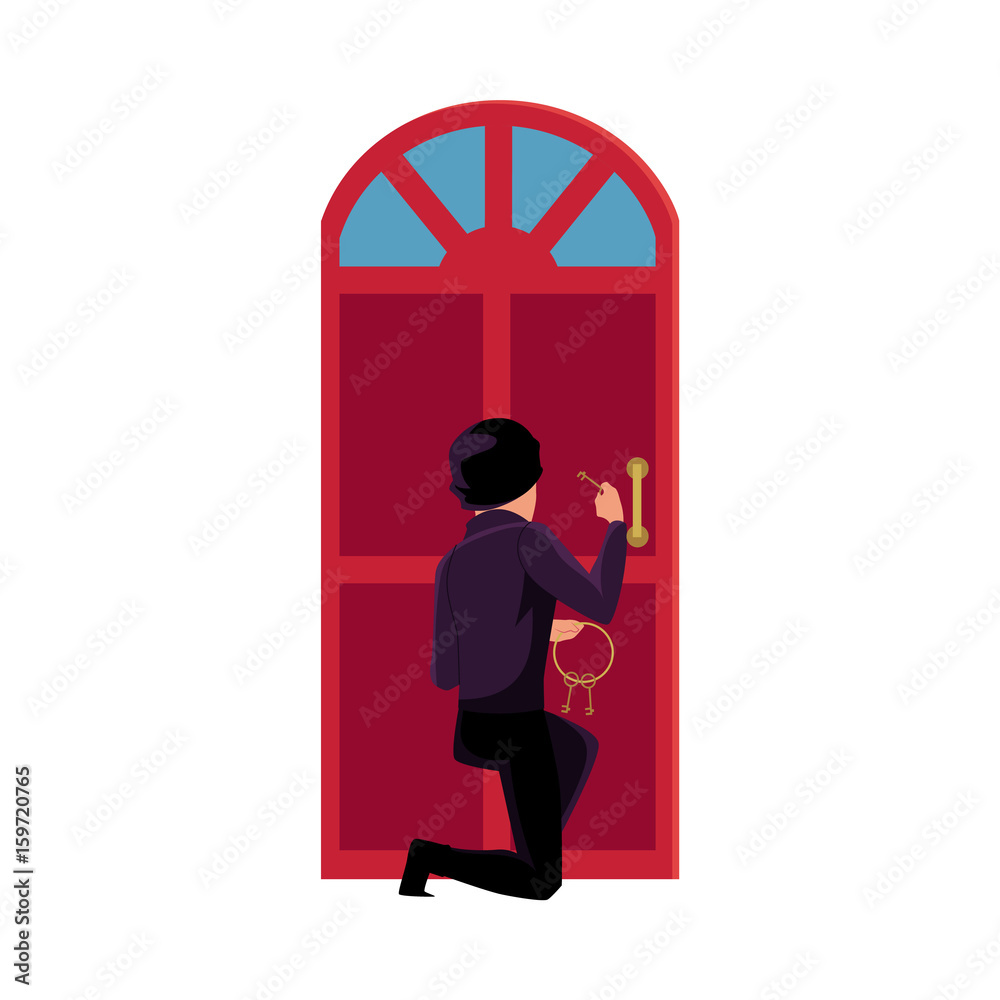 Thief, burglar trying to break in house by lockpicking door, cartoon ...