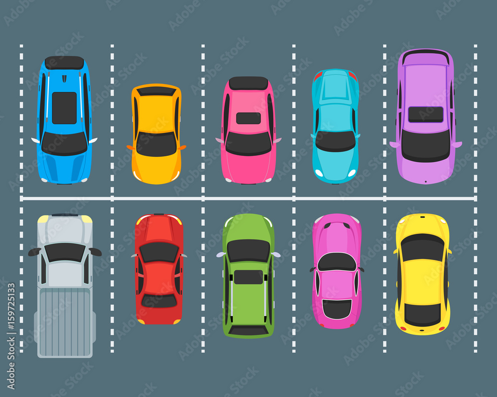 Cartoon Parking Zones with Cars Top View. Vector Stock Vector | Adobe Stock