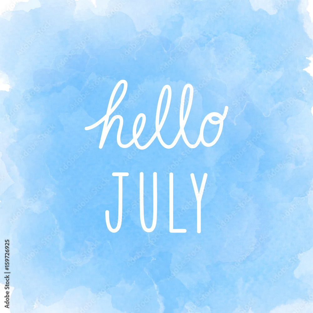 Hello July greeting on abstract blue watercolor background Stock ...