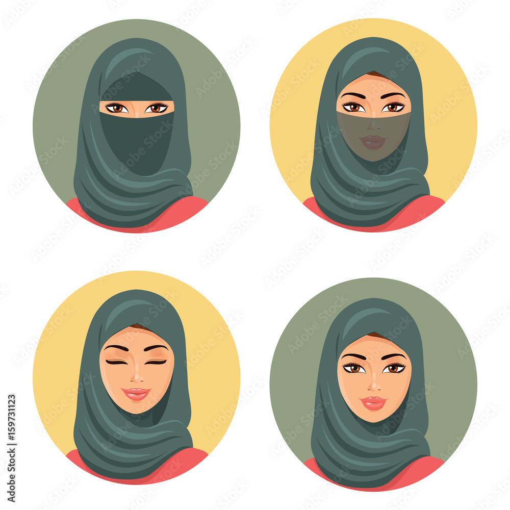Arab girls avatars in different traditional headdresses isolated vector ...