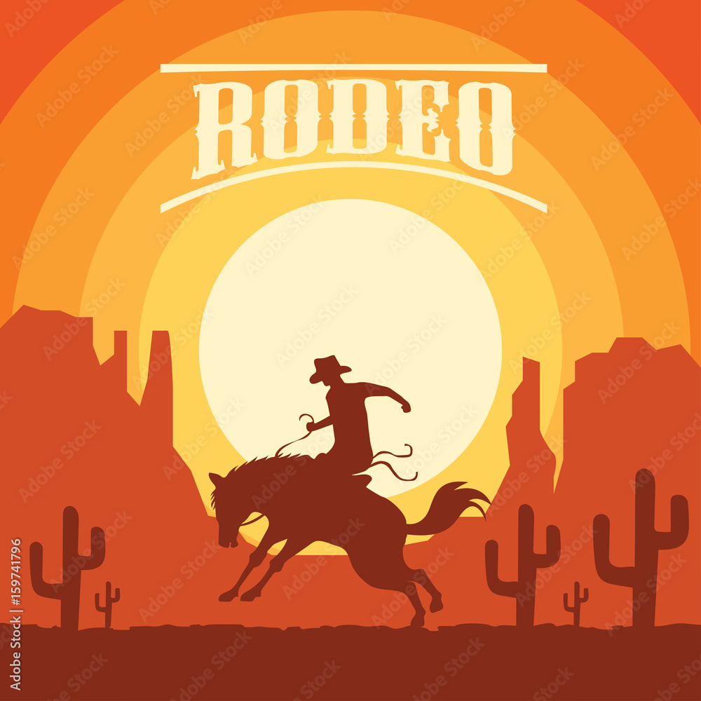rodeo poster with cowboy silhouette riding on wild horse and bull ...