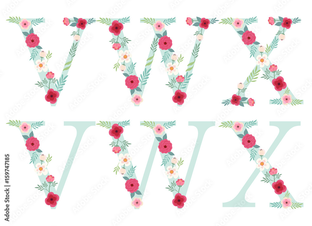 Cute vintage alphabet letters with hand drawn rustic flowers Stock ...