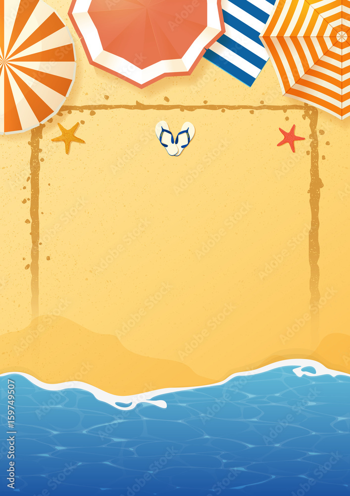 Summer beach with turquoise rippled wave and umbrella beach in top view ...