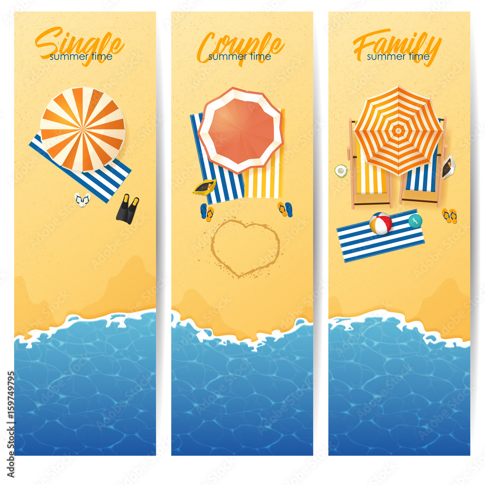Banner set of Summer beach with turquoise rippled wave and umbrella ...
