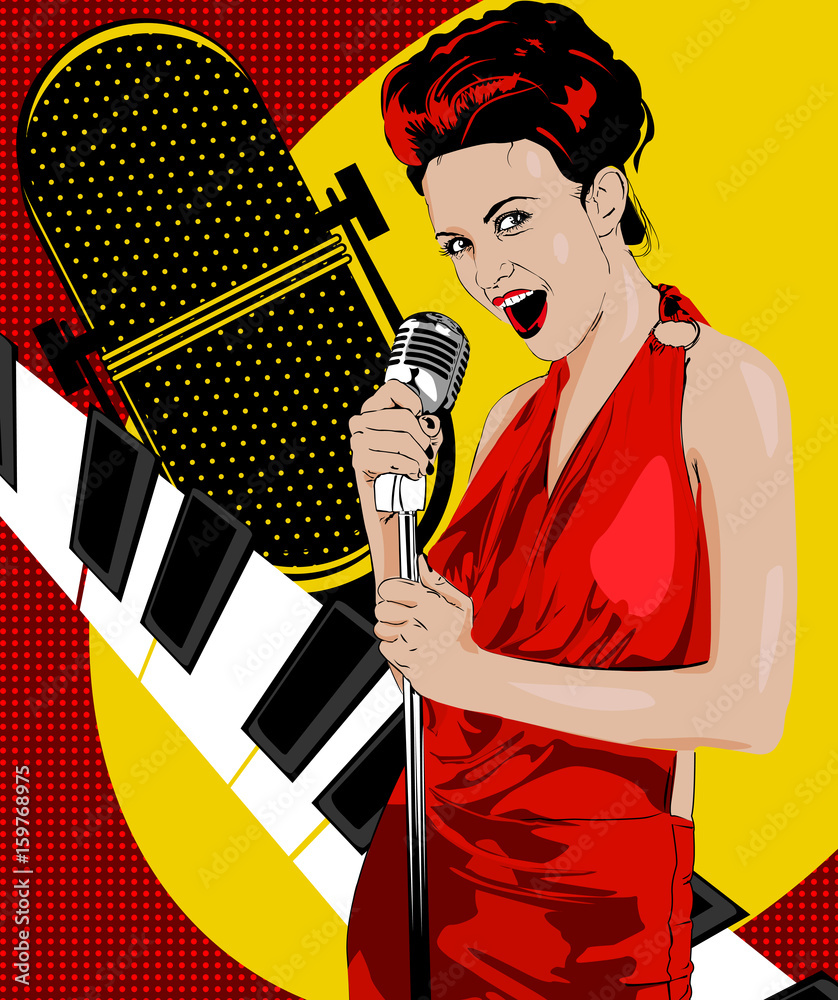 Vintage poster with retro woman. Red dress on woman. Retro microphone ...