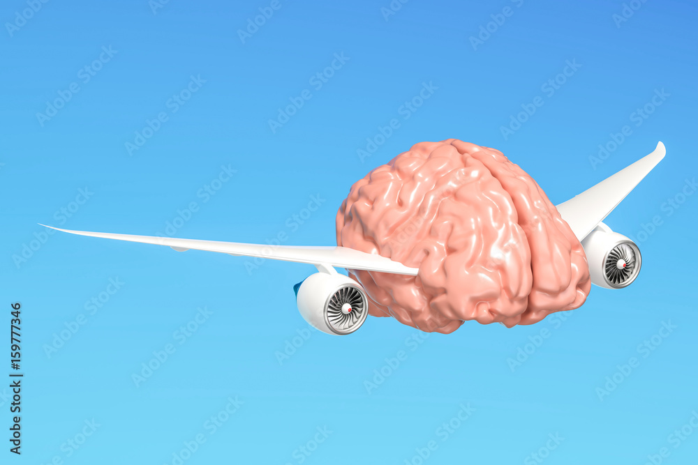 Human brain with airplane wings, free mind concept. 3D rendering Stock ...