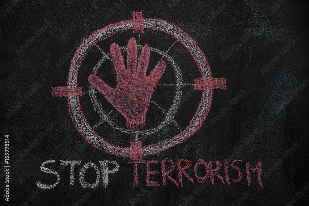 Hand shape and stop terrorism text in the sign target drawn with red ...