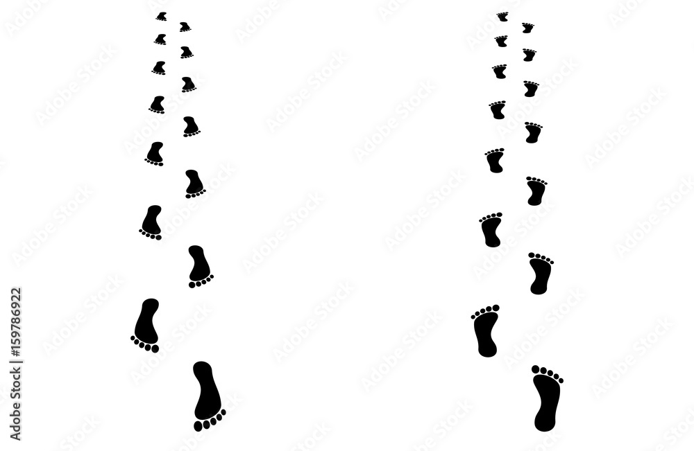 Approaching and receding bare footprint. Perspective vector steps ...