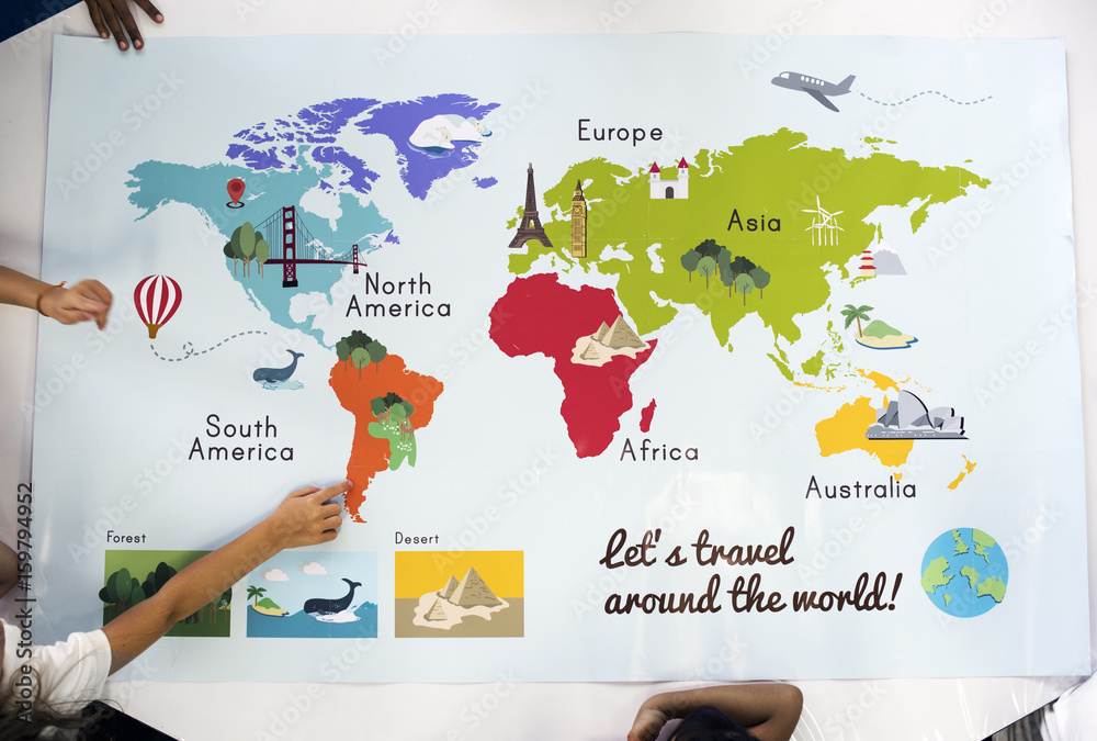 Poster Map Showing World Continents Countries Ocean Geography – Wall ...