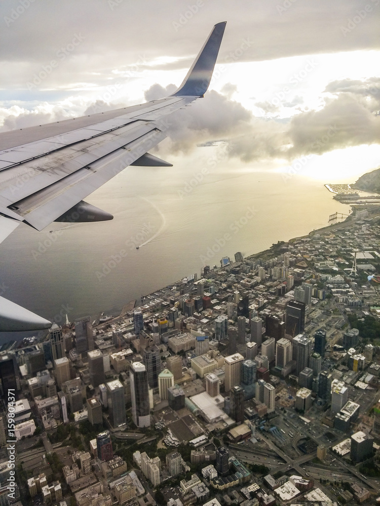 Seattle skyline taken from an airplane Stock Photo | Adobe Stock